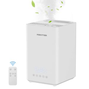 pokitter humidifiers for large room home, 5l warm and cool mist top fill essential oil diffuser for baby and plants, rapid humidification, quiet sleep mode - white