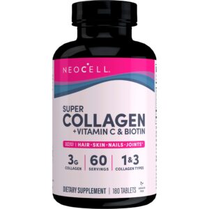 neocell super collagen with vitamin c and biotin, skin, hair and nails supplement, includes antioxidants, tablet, 180 count, 1 bottle