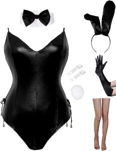 angelaicos womens bunny costume set senpai cosplay halloween roleplay bodysuit stockings (pu black, x-large)