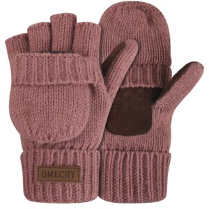 omechy winter wool knitted fingerless gloves thermal insulation warm convertible mittens flap cover for men women