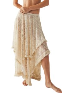 r.vivimos women lace long skirts summer elastic asymmetrical layered hem sexy see-through beach floral maxi skirts (medium, beige)