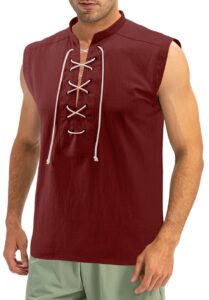 viking pirate costume men, medieval renaissance shirt, linen gothic victorian vest, sleeveless steampunk festival tank top, plus size halloween ren faire poet cosplay clothing(red-2xl)