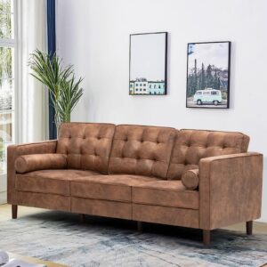 lesofair 84" faux leather 3 seater sofa with 2 bolster pillows, tufted sofa with wooden legs, mordern couch for living room, office, apartment, brown