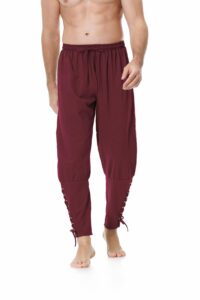 grajtcin renaissance pirate cosplay costume with drawstrings lace up tapered banded navigator casual trousers medieval ren faire steampunk medieval viking pirate pants（m,burgundy）