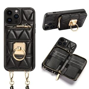 custype compatible with iphone 14 pro max case wallet with card holder,360 rotation ring [two-way stand],leather zipper wallet case with crossbody strap for iphone 14 pro max,6.7 inch,black