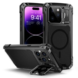 lanhiem magnetic for iphone 14 pro max metal case, [built-in camera kickstand & glass screen protector] heavy duty full body rugged protective military magsafe cover for iphone 14 pro max 6.7" (black)