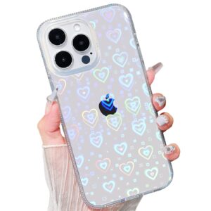 smobea compatible with iphone 14 pro max case (no fit iphone 14 plus), holographic laser bling heart soft & flexible tpu and hard pc shockproof cover women girls phone case (heart/clear)