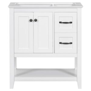 lunanniu 30" bathroom vanity without sink, freestanding bathroom vanity cabinet no sink 2 soft closing door, lower open shelf 1 drawer with 2 tiers black drawer handle modern design white