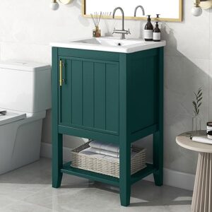 20 inch bathroom vanity with ceramic sink, small single sink vanity combo with storage rack and open shelf, modern bathroom cabinet with sink and soft closing door, green