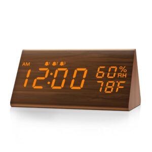 jall digital alarm clock, with wooden electronic led time display, 3 alarm settings, humidity & temperature detect, wood made electric clocks for bedroom, bedside (brown)