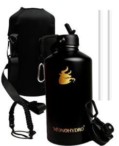 monohydro 1 gallon water bottle, 128 oz stainless steel water jug double wall insulated water bottle w lids leakproof, paracord handle, pocket carrying pouch -black