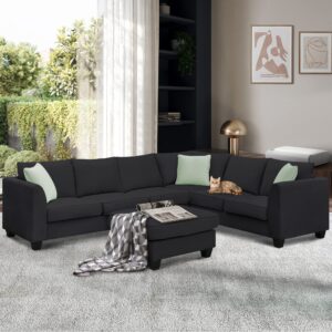 fiqhome 7-seat reversible chaise, l shaped ottoman, living room, modular sectional fabric sofa corner couch set with 3 pillows, black