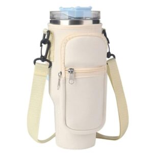 runbfuuy water bottle carrier bag water bottle holder for 30/40oz tumbler with strap and pockets, adjustable strap for outdoor sports camping hiking travelling, white