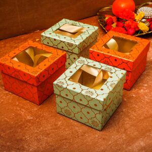 printed gift packing boxes for indian sweets, cookies, goodies, mithai, candy, gift boxes - cardboard kraft paper box - handmade bulk mithai box, favor boxes for wedding, pooja - 4x4 inch (pack of 4)