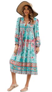 r.vivimos women's long sleeve floral print retro v neck tassel bohemian midi dresses (large, light cyan)