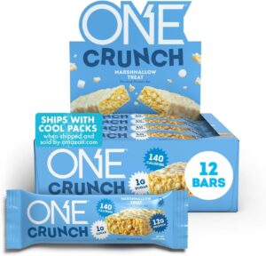 one crunch protein bars, marshmallow treat, gluten free protein bars with 12g protein and 1g sugar, pantry staples, 2.12 oz (12 count)