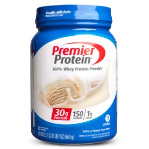 premier protein powder, vanilla milkshake, 30g protein, 1g sugar, 100% whey protein, keto friendly, no soy ingredients, gluten free, 17 servings, 23.3 ounces