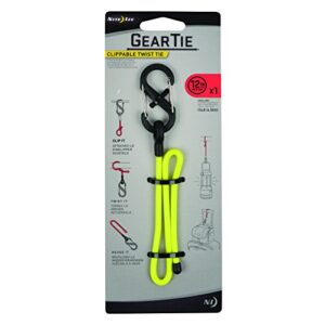 nite ize gear tie clippable, the original reusable rubber twist tie with a convenient s-biner clip for hanging + organizing, 12-inch, neon yellow