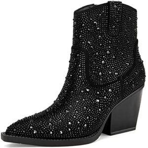 oohrhn women's color rhinestone boots glitter sparkly cowboy booties chunky block heel pearl detail pointed toe bridal wedding western ankle boots cowgirl short boots black stone pu size us 8.5