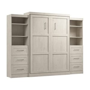 bestar pur queen murphy bed and 2 shelving units with drawers, 115-inch space-saving sleeping arrangement in linen white oak