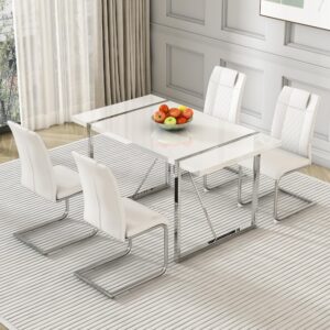 wekeot 55" white dining table set for 4 modern kitchen table and chairs for 4 rectangular faux marble dining room table and pu leather chairs kitchen table set(1white table+4white chairs)