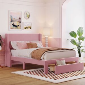 anwickhomk queen size fabric upholstered platform bed frame, modern upholstered platform bed with headboard, with big storage drawer,heavy duty bed frame with wood slat support, pink