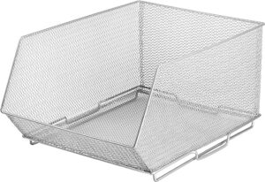 ybm home mesh stackable wire storage basket for under sink, shelves, pantry organization, and kitchen - utility storage bin steel basket for organizing office supplies, household and laundry supplies