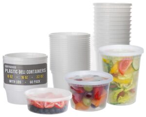 plastic deli containers with lids combo set, 32oz 16oz 8oz food storage containers with lids, stackable, leakproof, bpa free, microwave and freezer safe for meal prep, salad, snacks.