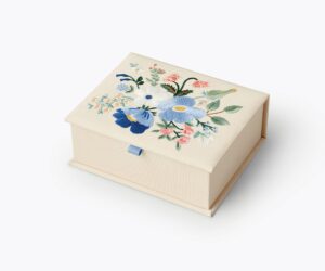 rifle paper co. medium embroidered keepsake box | sleek and smooth design pattern and storage space for medium-sized items and accessories, ribbon tag and magnetic closure, garden party blue