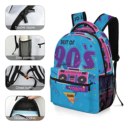 Kazynee Retro 90's Laptop Backpack, Rustic Geometric Realistic Tape 90's Party Theme Backpack with Padded Shoulder Straps One Size