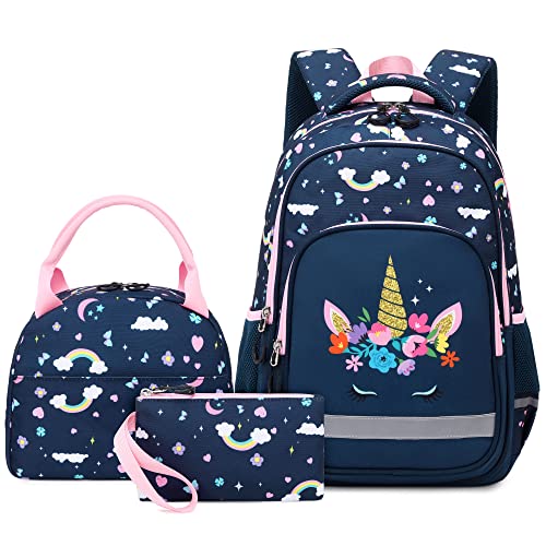 School Backpacks Set for Girls Boys Teens, Kids Elementary Middle School Bag Bookbag with Insulated Lunch Bag Pencil Case (Unicorn)