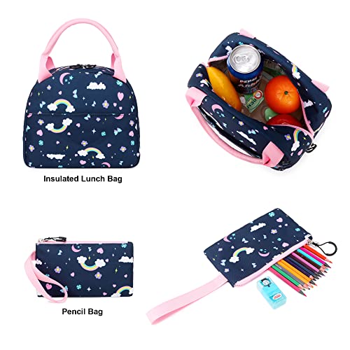 School Backpacks Set for Girls Boys Teens, Kids Elementary Middle School Bag Bookbag with Insulated Lunch Bag Pencil Case (Unicorn)