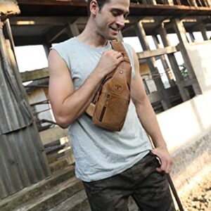 FANDARE Men Chest Bag Genuine Leather Crossbody Shoulder Bag Sling Bags Backpack Messenger Bag Daypack for Business Sport Hiking Travel Waterproof One shoulder Backpack Yellow Brown