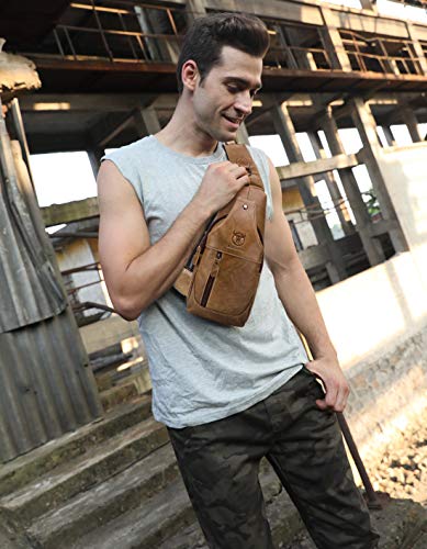 FANDARE Men Chest Bag Genuine Leather Crossbody Shoulder Bag Sling Bags Backpack Messenger Bag Daypack for Business Sport Hiking Travel Waterproof One shoulder Backpack Yellow Brown