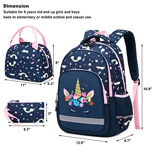 School Backpacks Set for Girls Boys Teens, Kids Elementary Middle School Bag Bookbag with Insulated Lunch Bag Pencil Case (Unicorn)